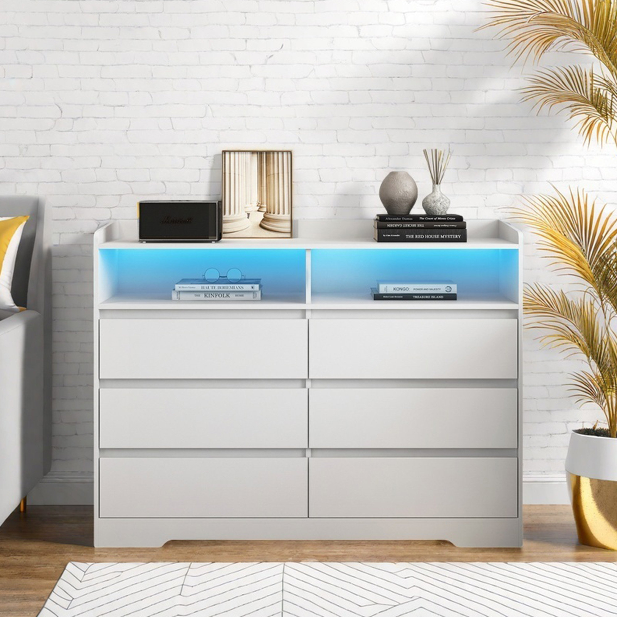 Wrought Studio™ 51" Bedroom Dresser With LED Lights, White 6 Drawer Dresser For Bedroom, Chests ...